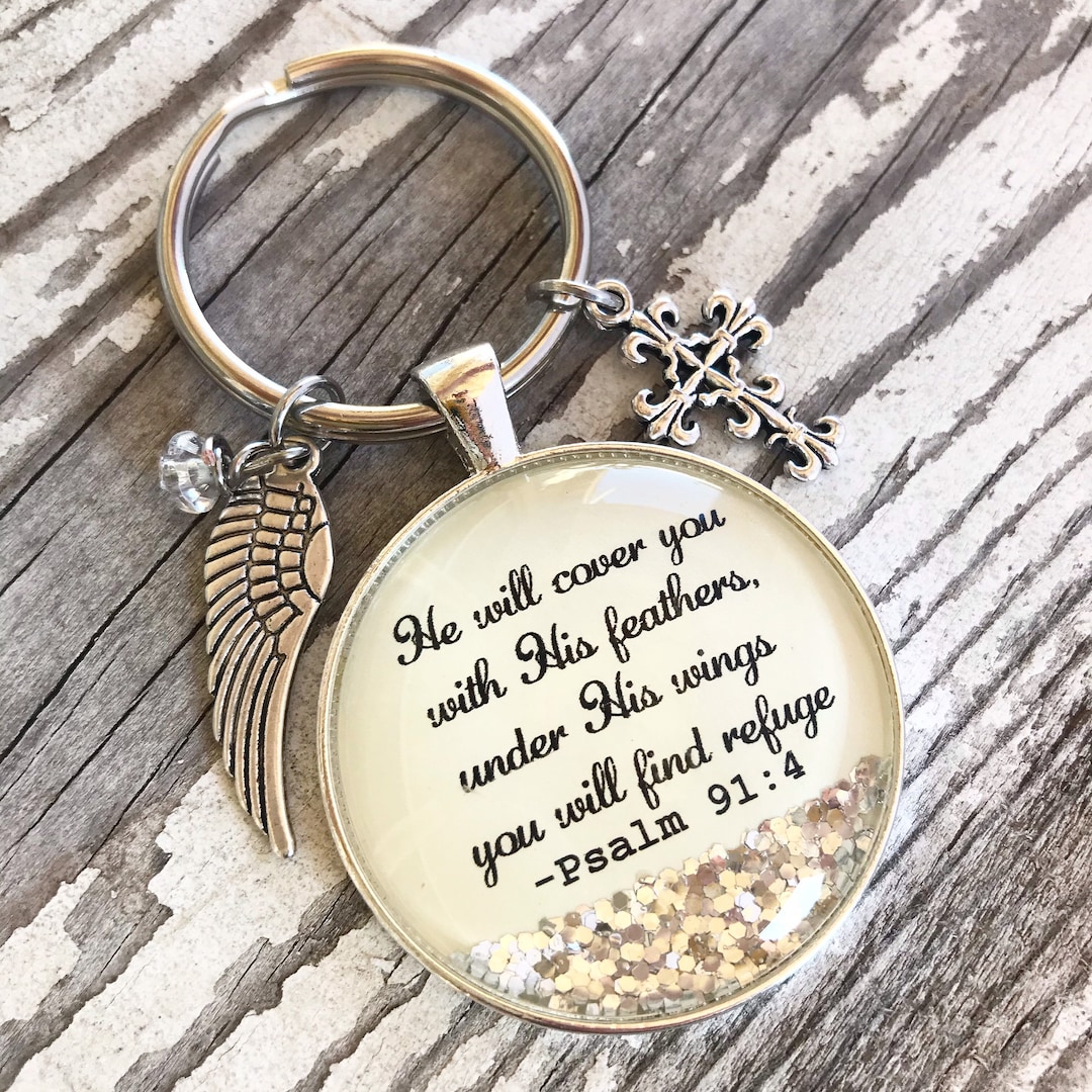 Bible Verse Keychain/psalm 91:4/he Will Cover You With His Feathers ...