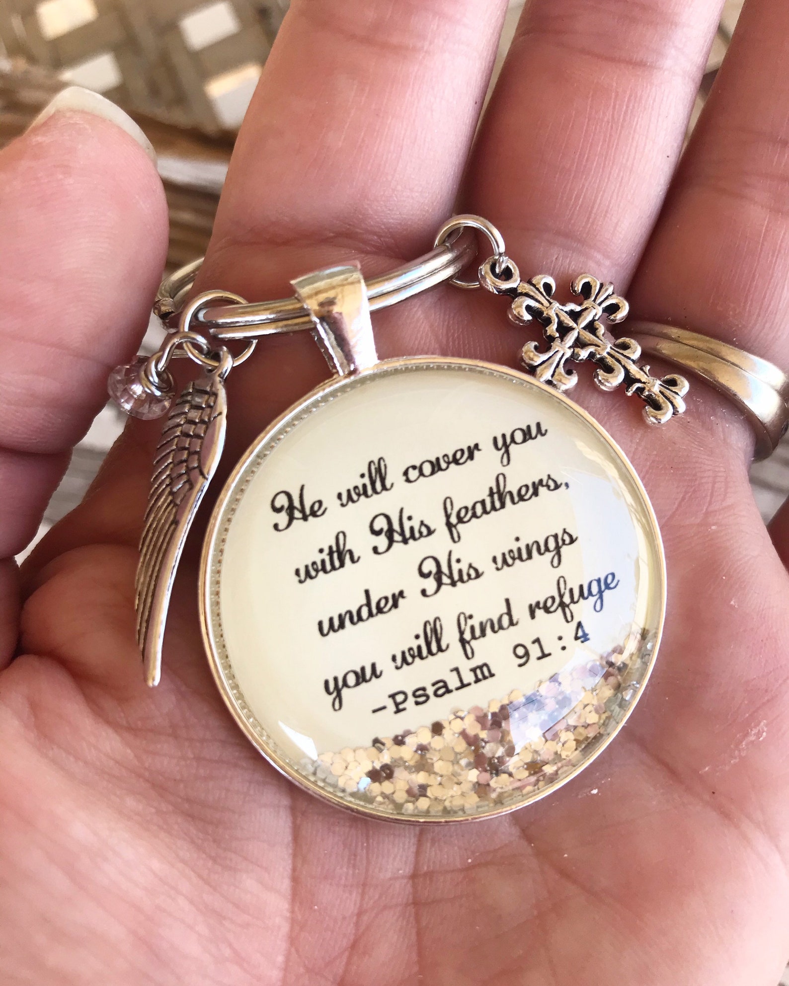 Bible Verse Keychain/psalm 91:4/he Will Cover You With His - Etsy