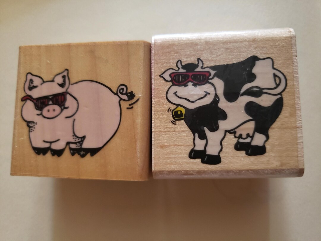 Farm Animal Stamp Set Wooden Stamp Vintage Pig and Cow Rubber Stamp Fun ...