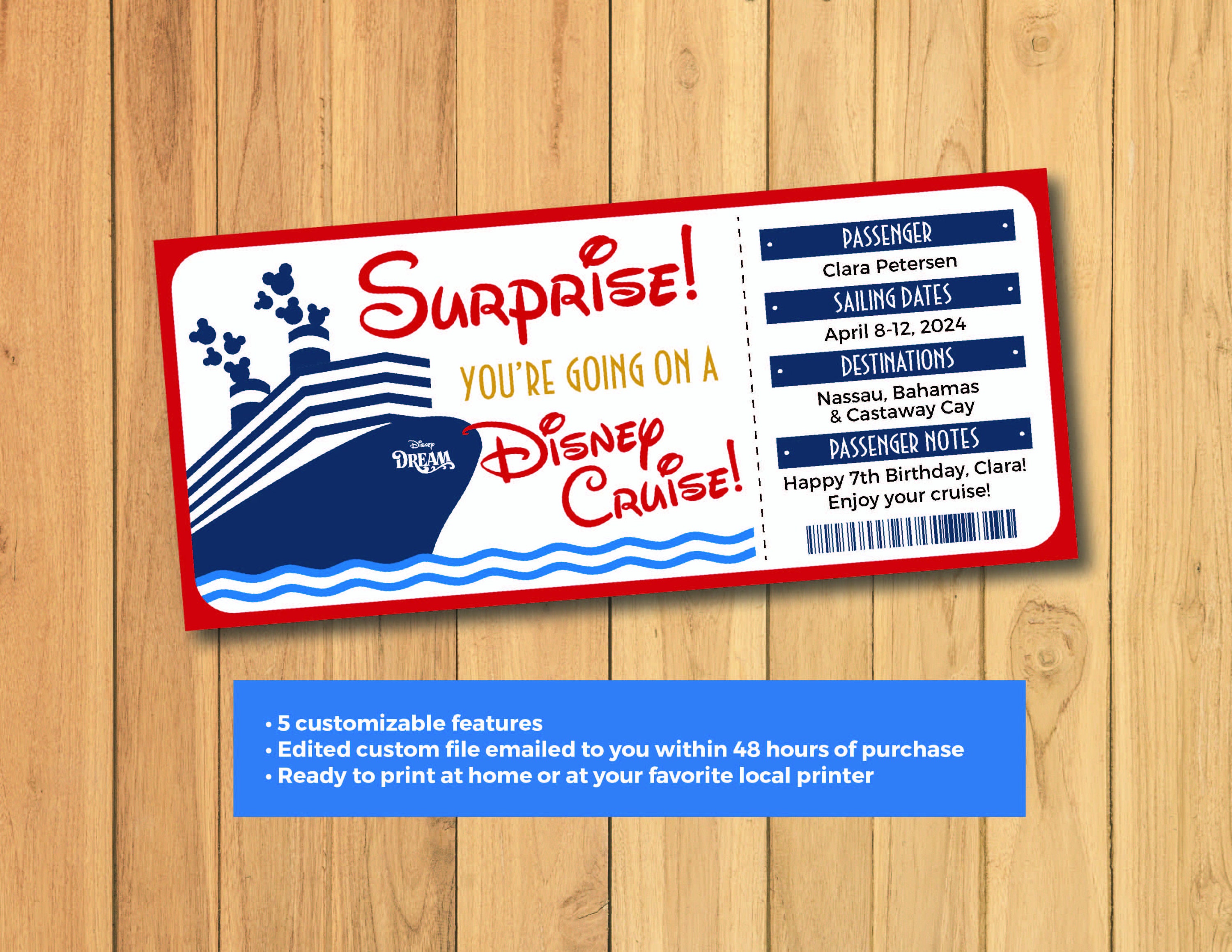 Custom Cruise Ticket Surprise Trip Reveal Gift for Kids Printable ...