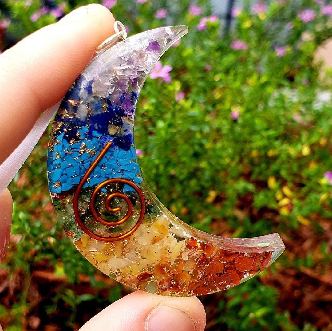 Chakra Orgone Resin Moon Shape With Copper Natural Healing Metaphysical ...
