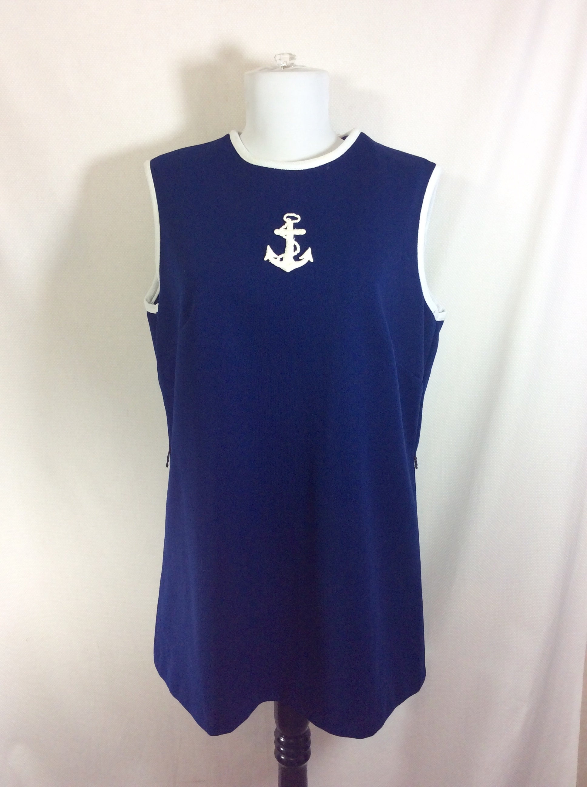 1960s Mod Navy Sailor Tunic Mini Dress with Anchor Appliqué and Coil ...