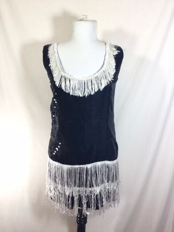 1990s Black Sequin Flapper Mini Dress with White Frin… - Gem