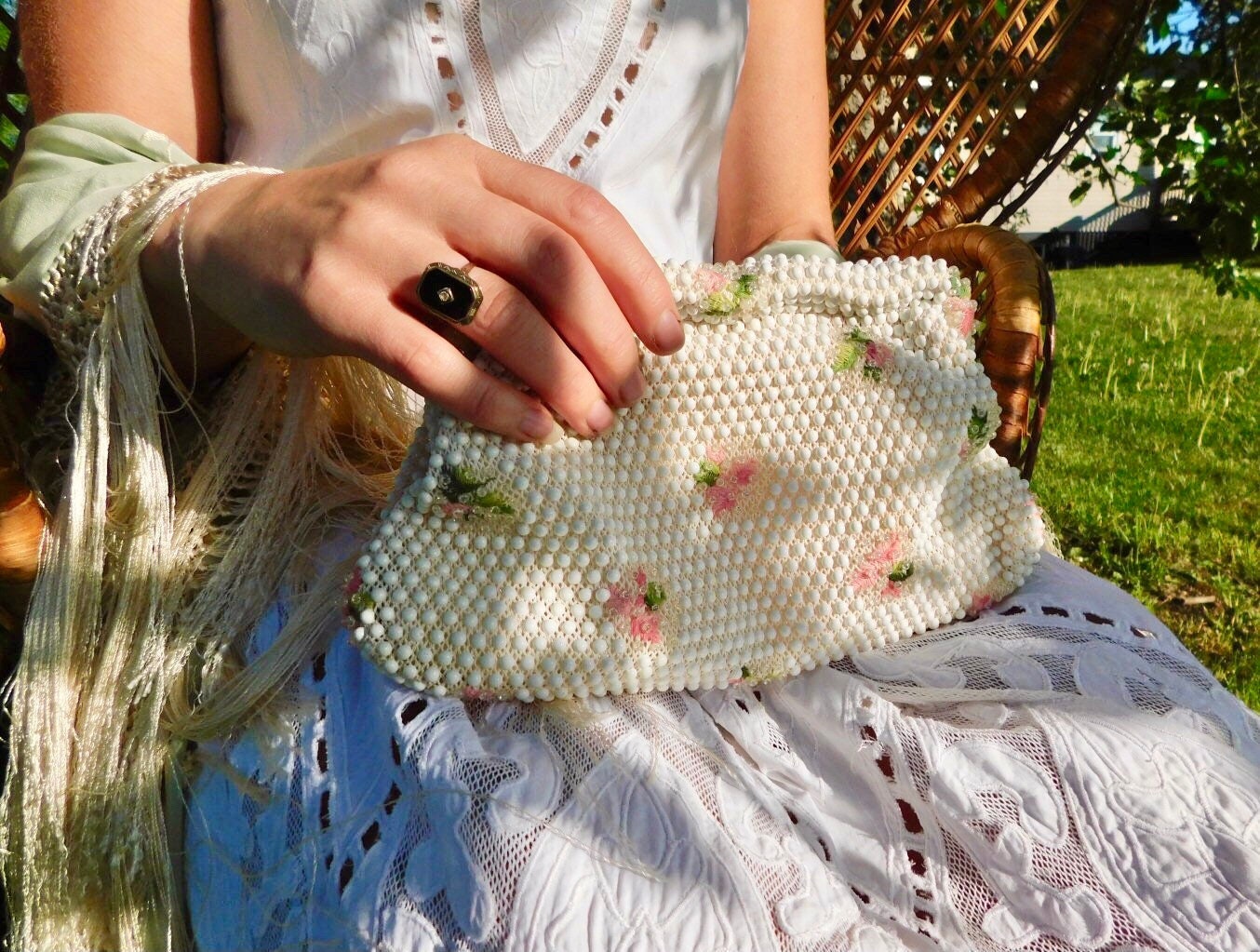 1960s Beaded and Embroidered Clamshell Style Bridal Clutch