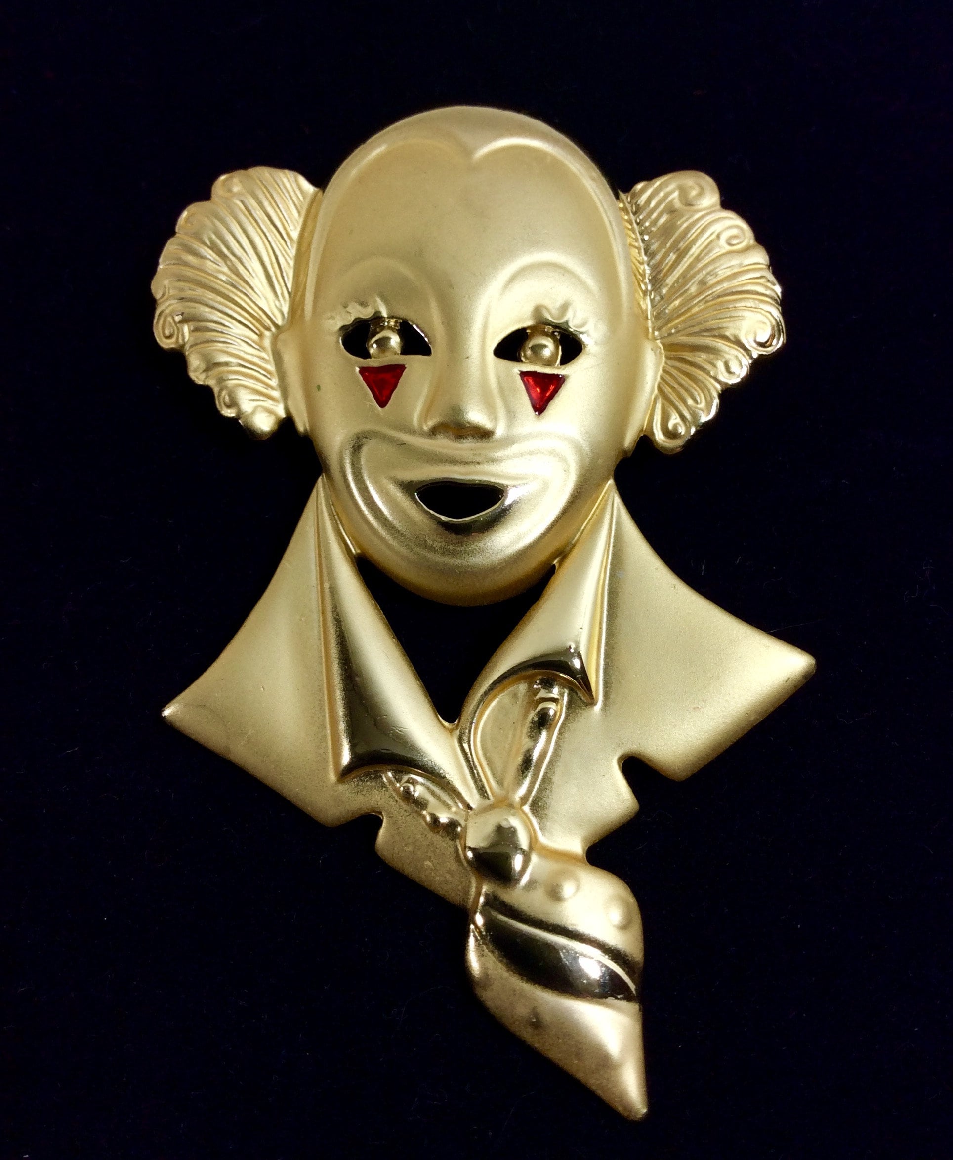 1970s Gold Circus Clown Signed Brooch with Red Enamel Makeup