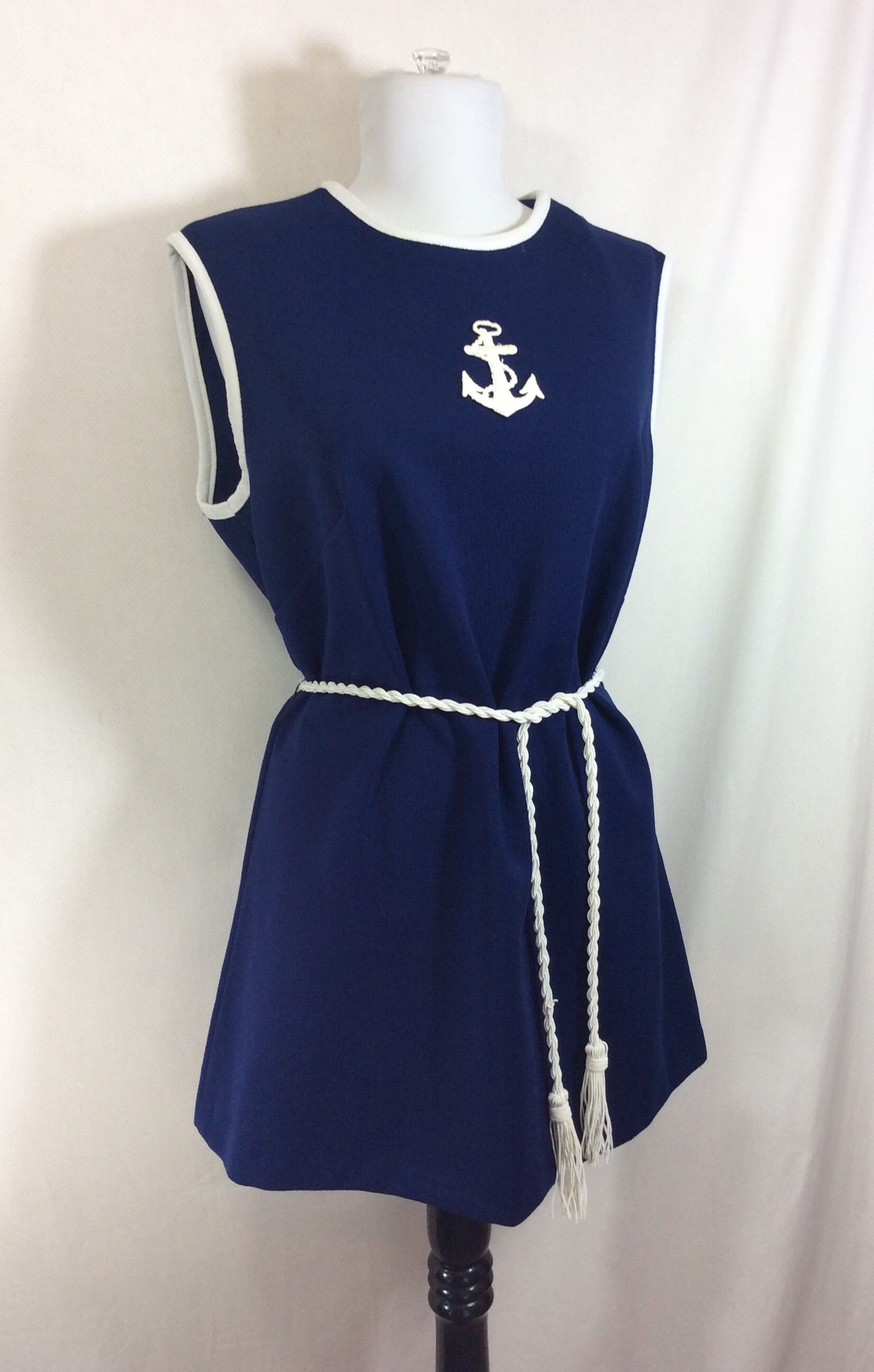 1960s Mod Navy Sailor Tunic Mini Dress with Anchor Appliqué and Coil ...
