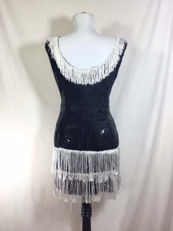 1990s Black Sequin Flapper Mini Dress with White Frin… - Gem