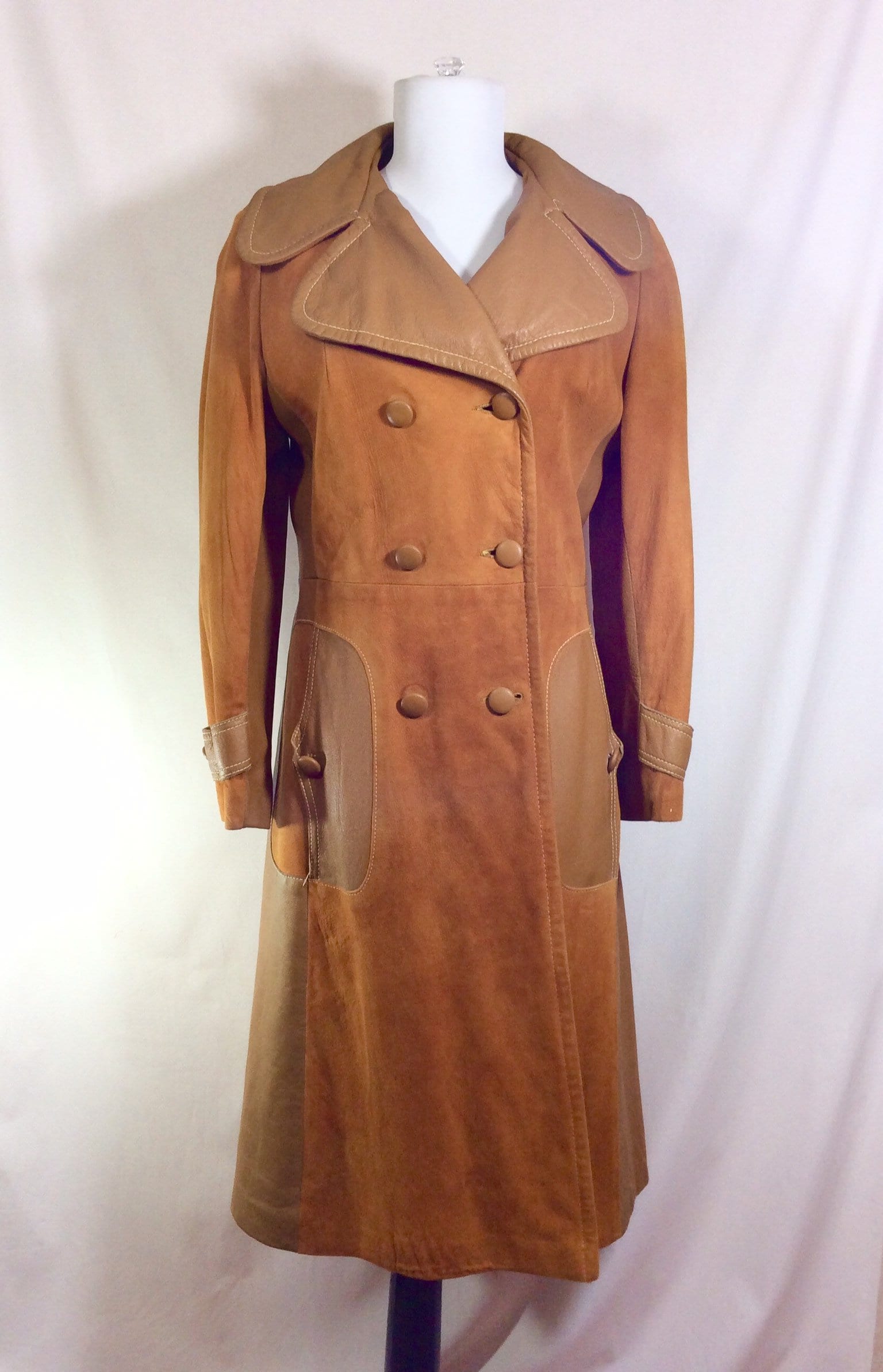 1960s Mustard Leather and Suede Blocked Western Duster Jacket size S