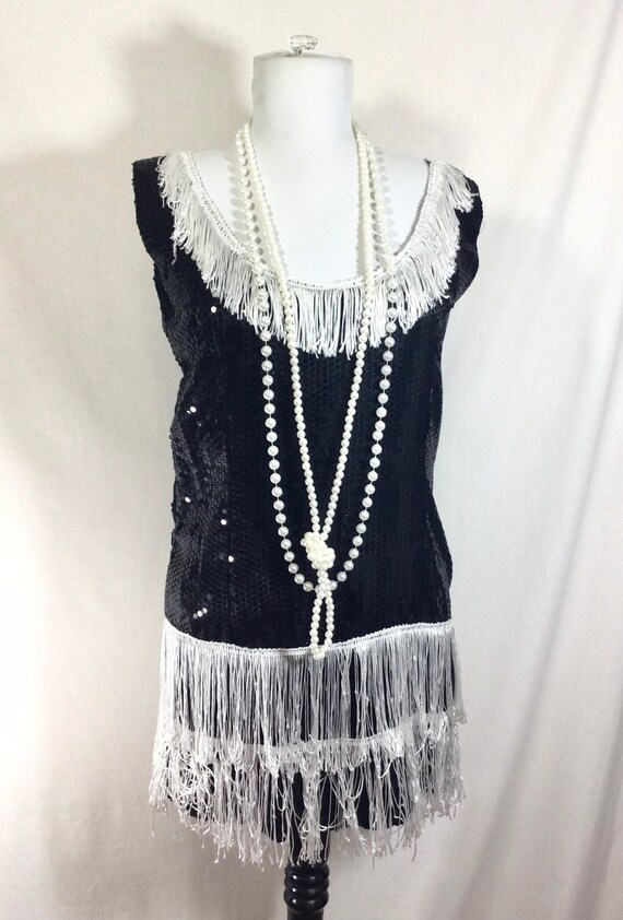 1990s Black Sequin Flapper Mini Dress with White Frin… - Gem