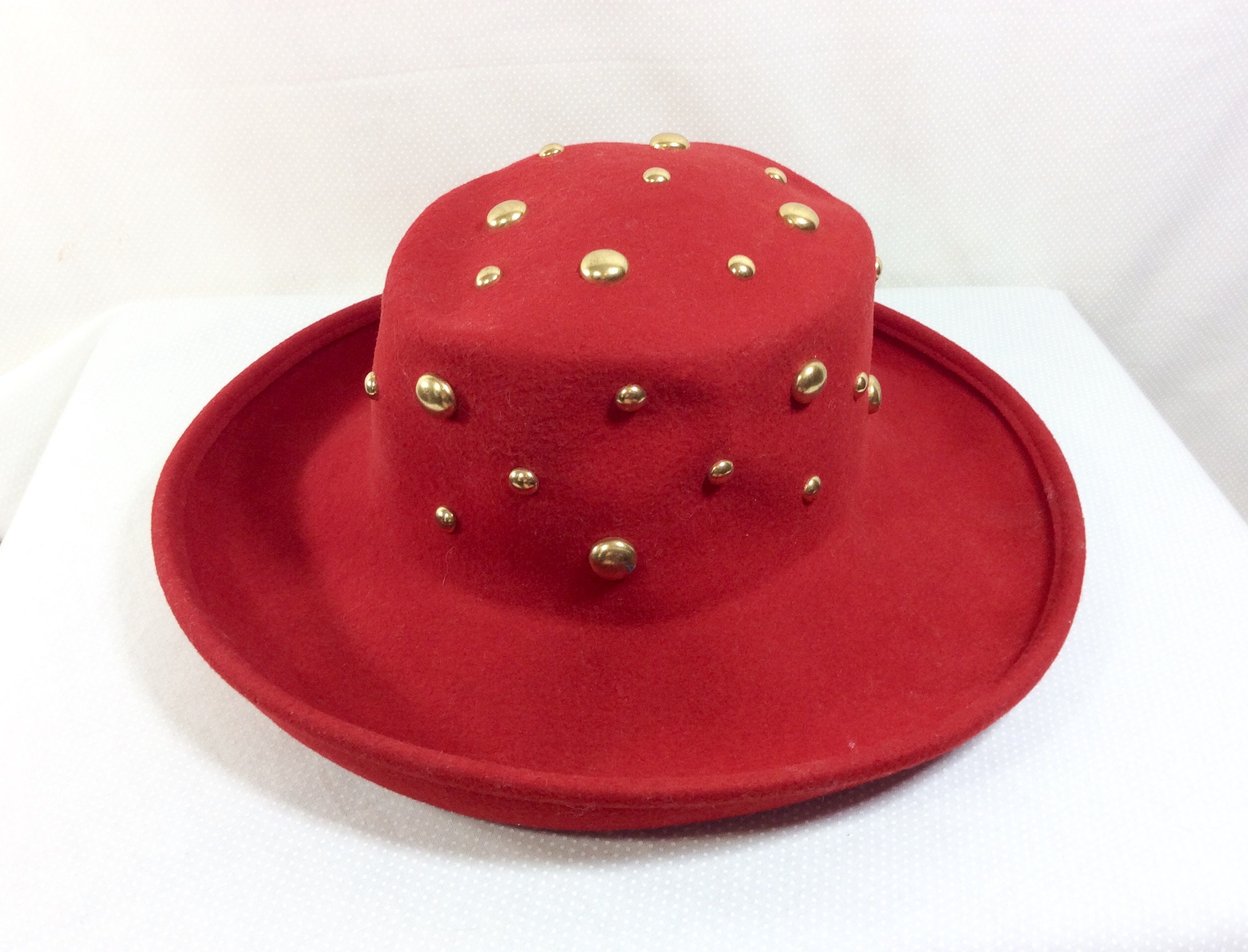 1980/90s Red Wool Felt Wide Brim Hat with Gold Studs