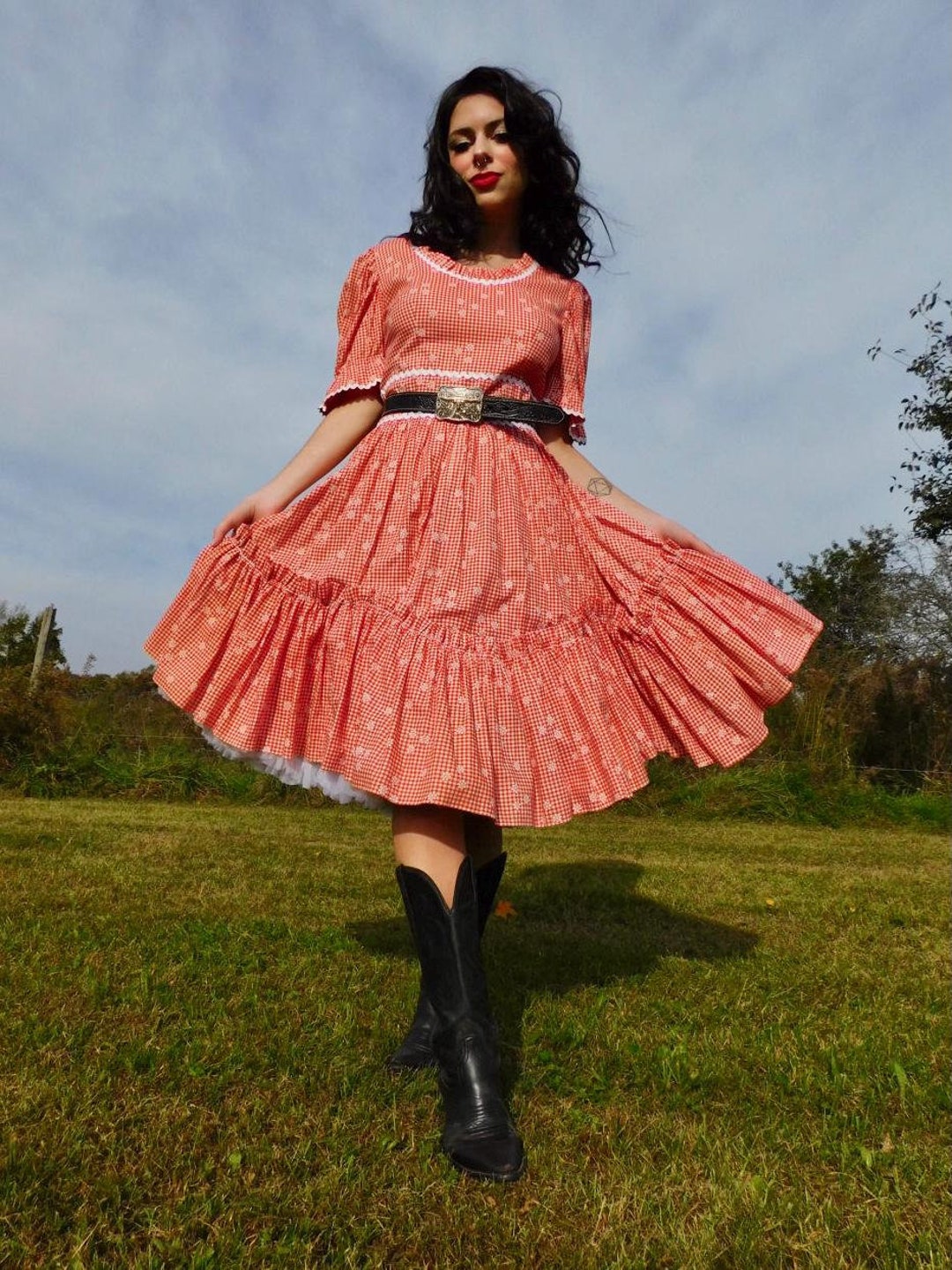 1970s Handmade Daisy Gingham Country Cowgirl Ruffle Swing Dress Size M ...