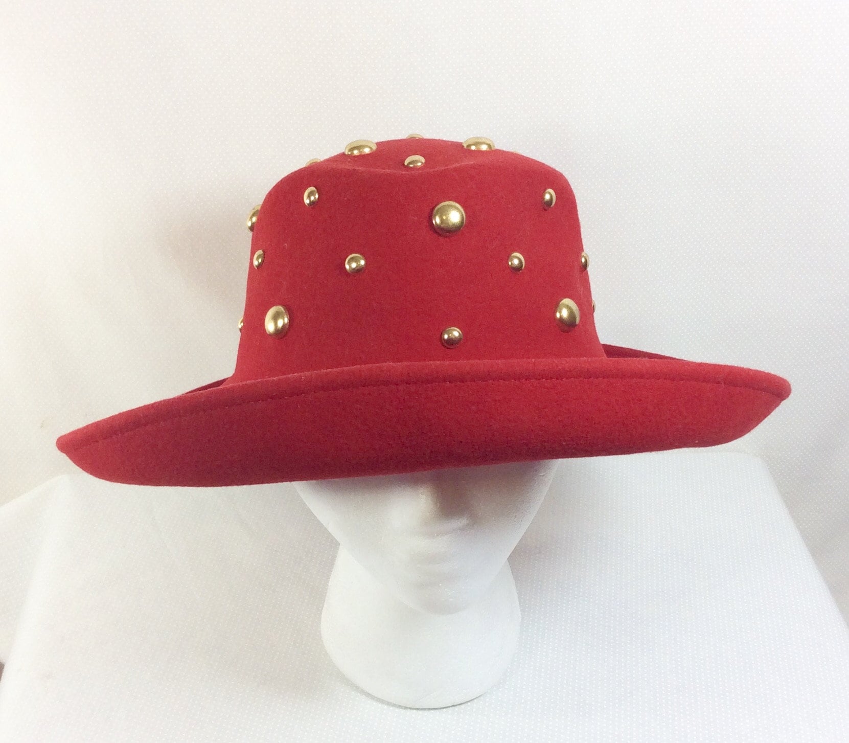 1980/90s Red Wool Felt Wide Brim Hat with Gold Studs