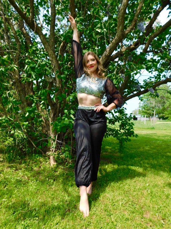 1990s Sheer Sequin 2 Pc Sexy Crop Top And Pants Genie… Gem