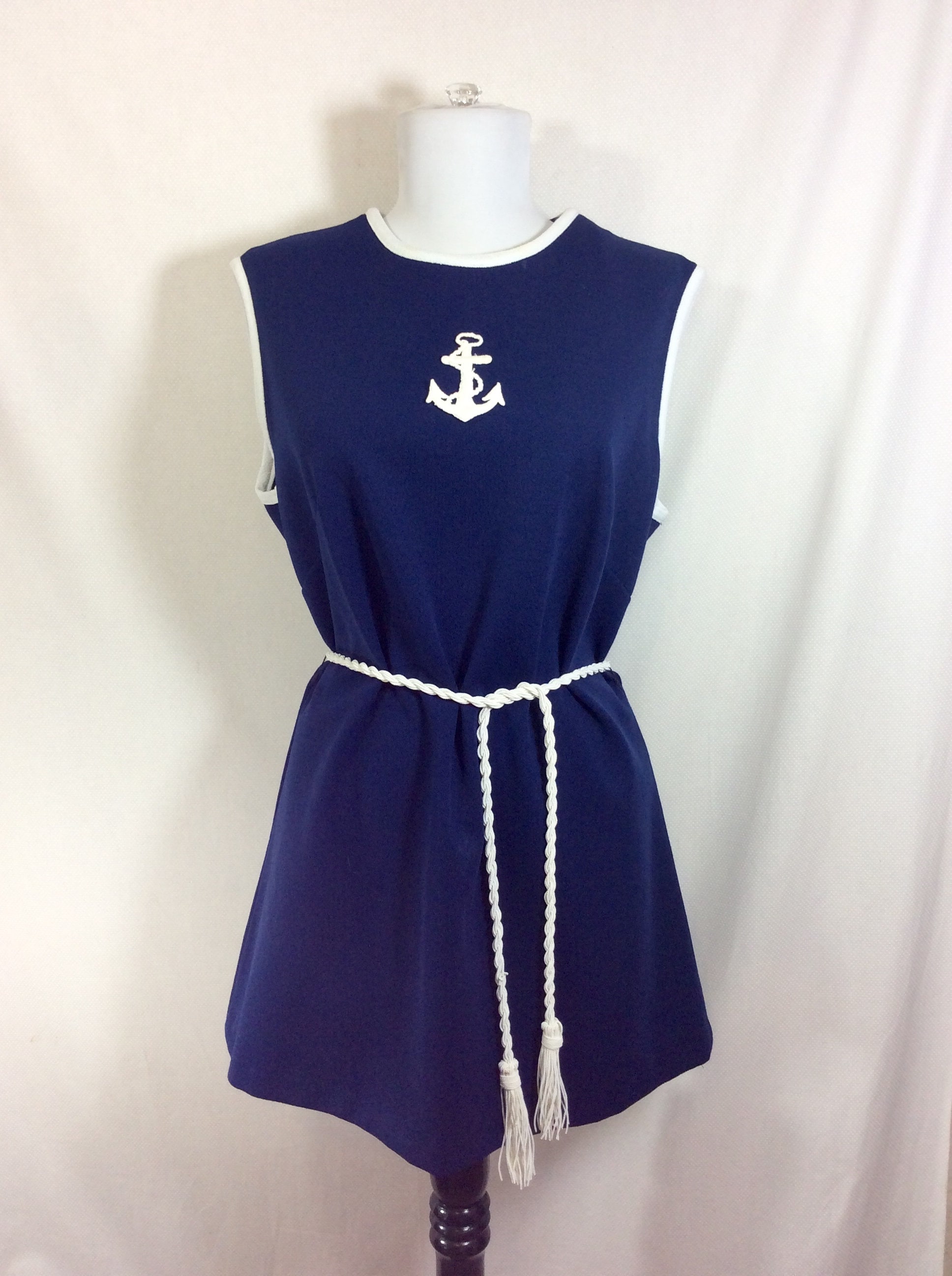 1960s Mod Navy Sailor Tunic Mini Dress with Anchor Appliqué and Coil ...