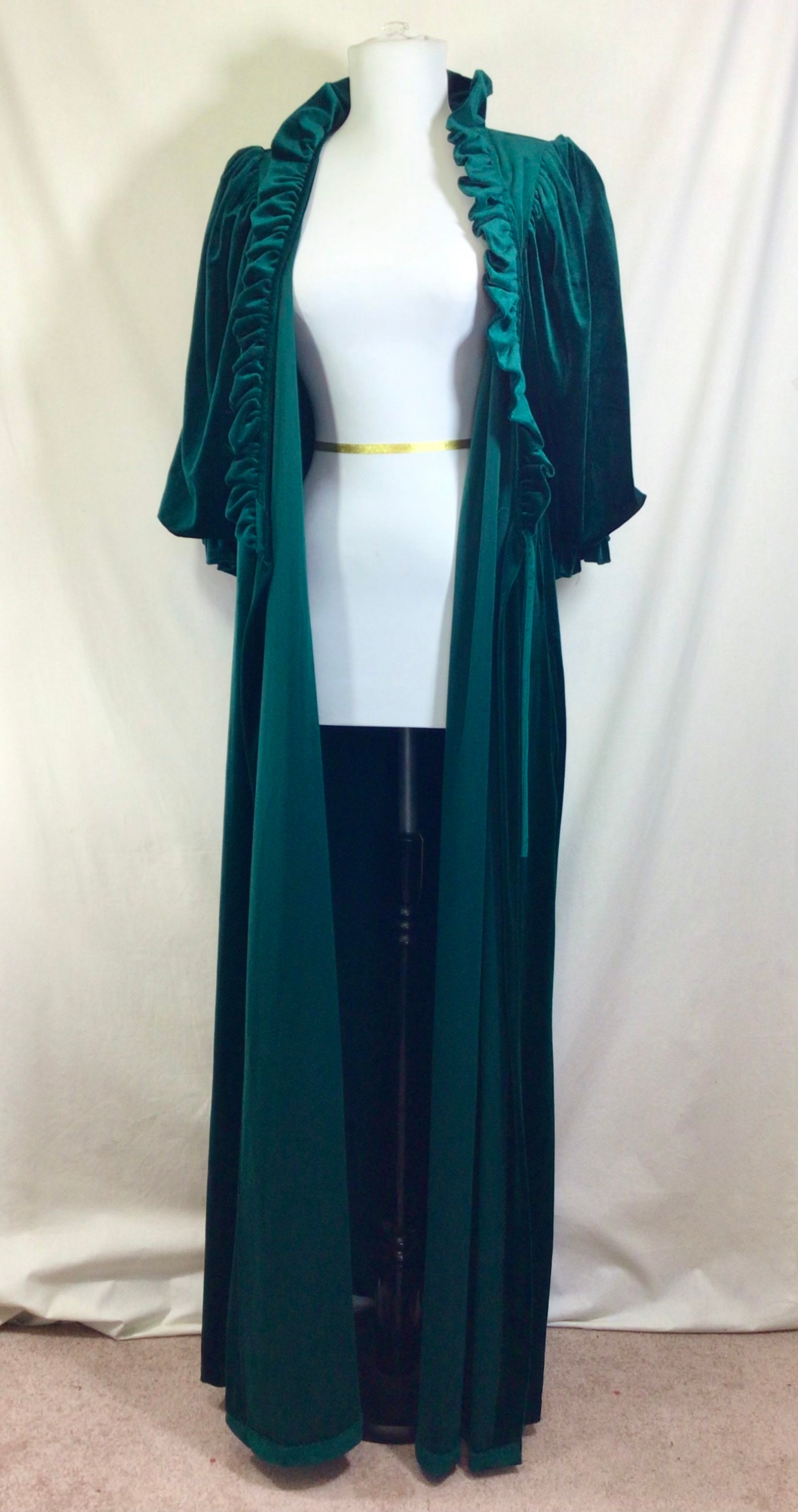 RESERVED- 1970s Emerald Green Velvet Robe with Ruffled Collar and Tie ...