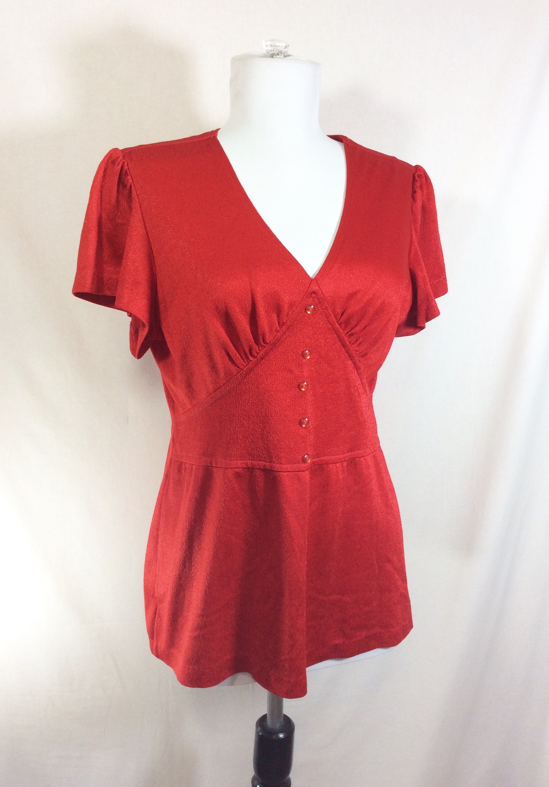 1970s Cherry Red Short Sleeve Blouse with Kimono Style | Etsy