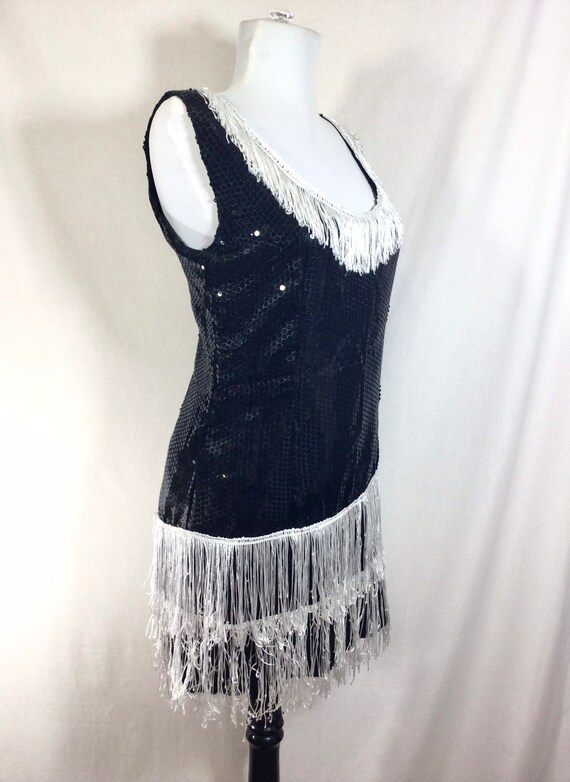 1990s Black Sequin Flapper Mini Dress with White Frin… - Gem