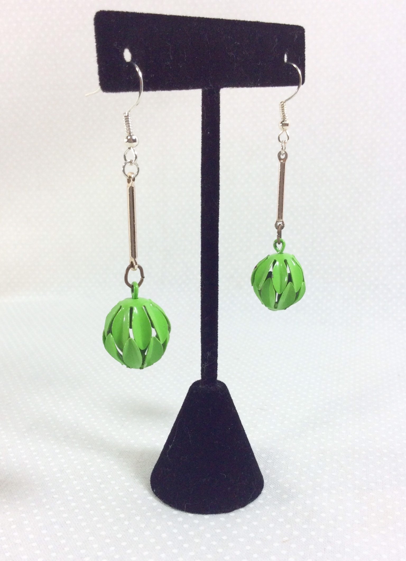 1960s Groovy Lime Green Metal Sphere Cutout Dangle Earrings
