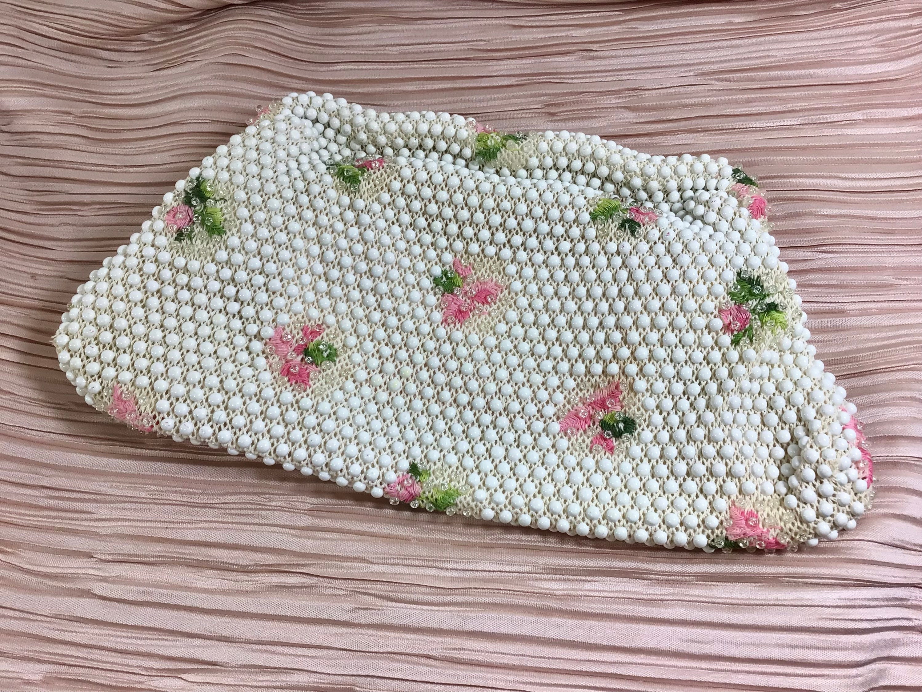 1960s Beaded and Embroidered Clamshell Style Bridal Clutch