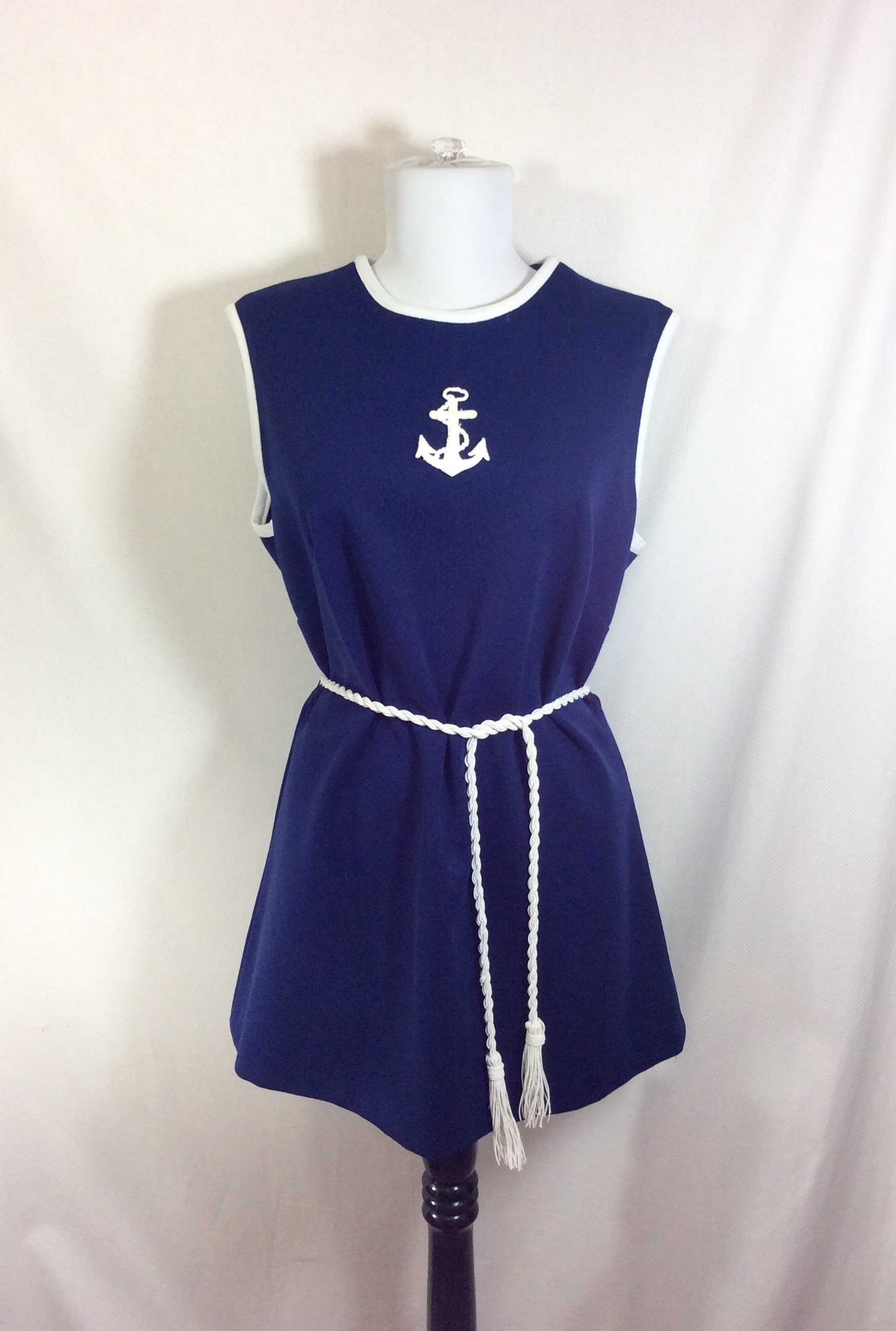 1960s Mod Navy Sailor Tunic Mini Dress with Anchor Appliqué and Coil ...