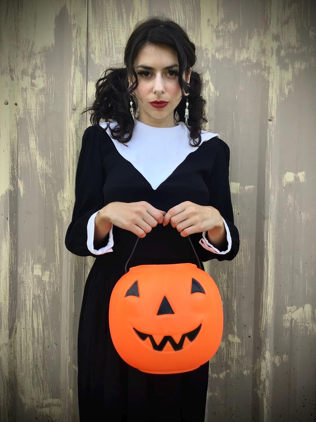 60s/70s Black Rayon Wednesday Dress With Contrast White Collar and ...