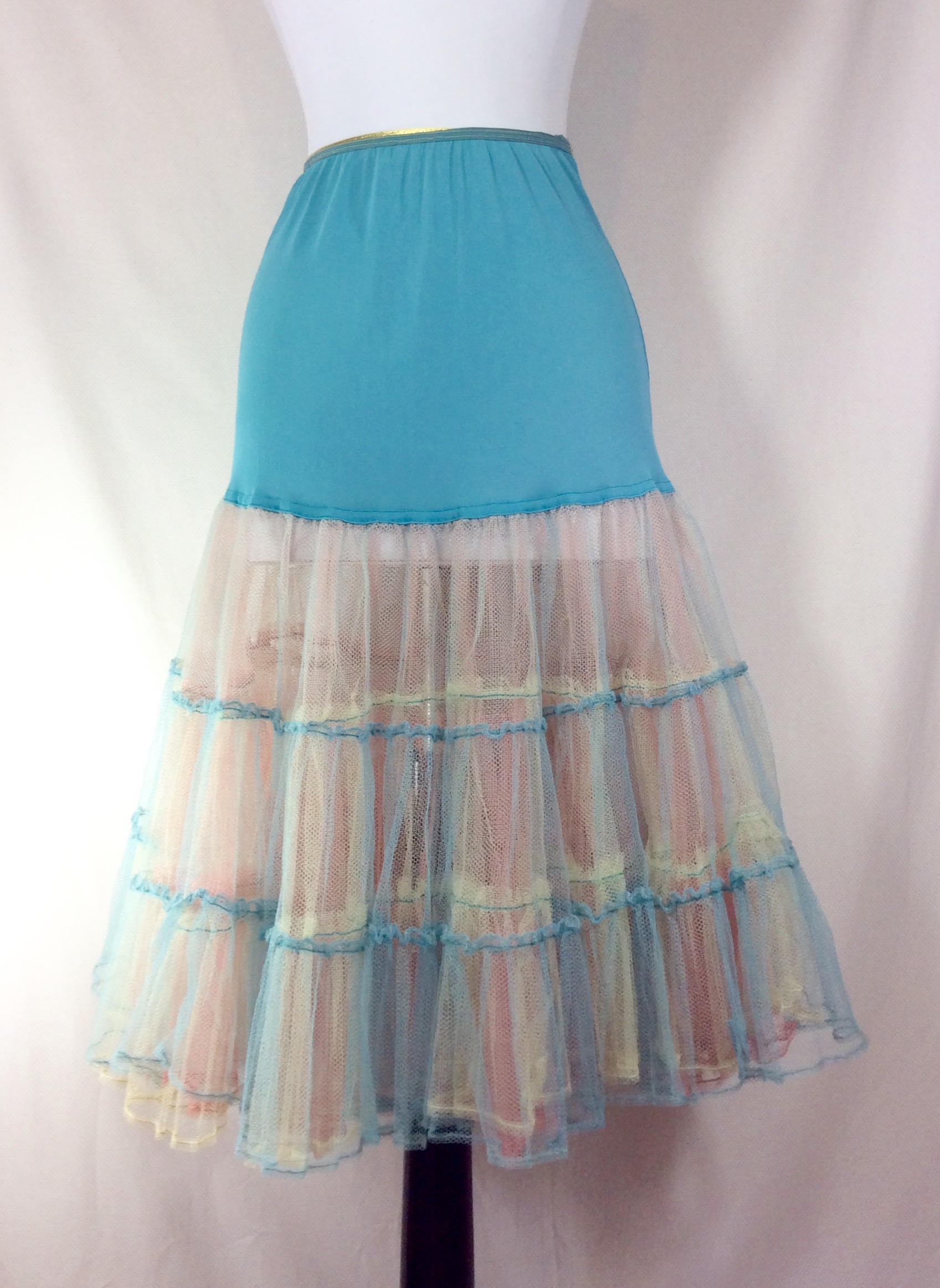 1950s Womens Rainbow Blue Petticoat Slip with Pink and Yellow Mesh ...