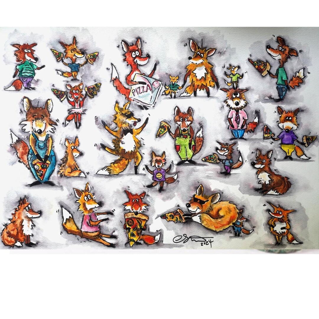 A3 Size Bright Original Doodle Art Painting Fox Pizza Party - Etsy
