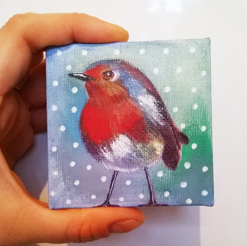 Miniature Artwork Tiny Robin Mixed Media Canvas - Etsy