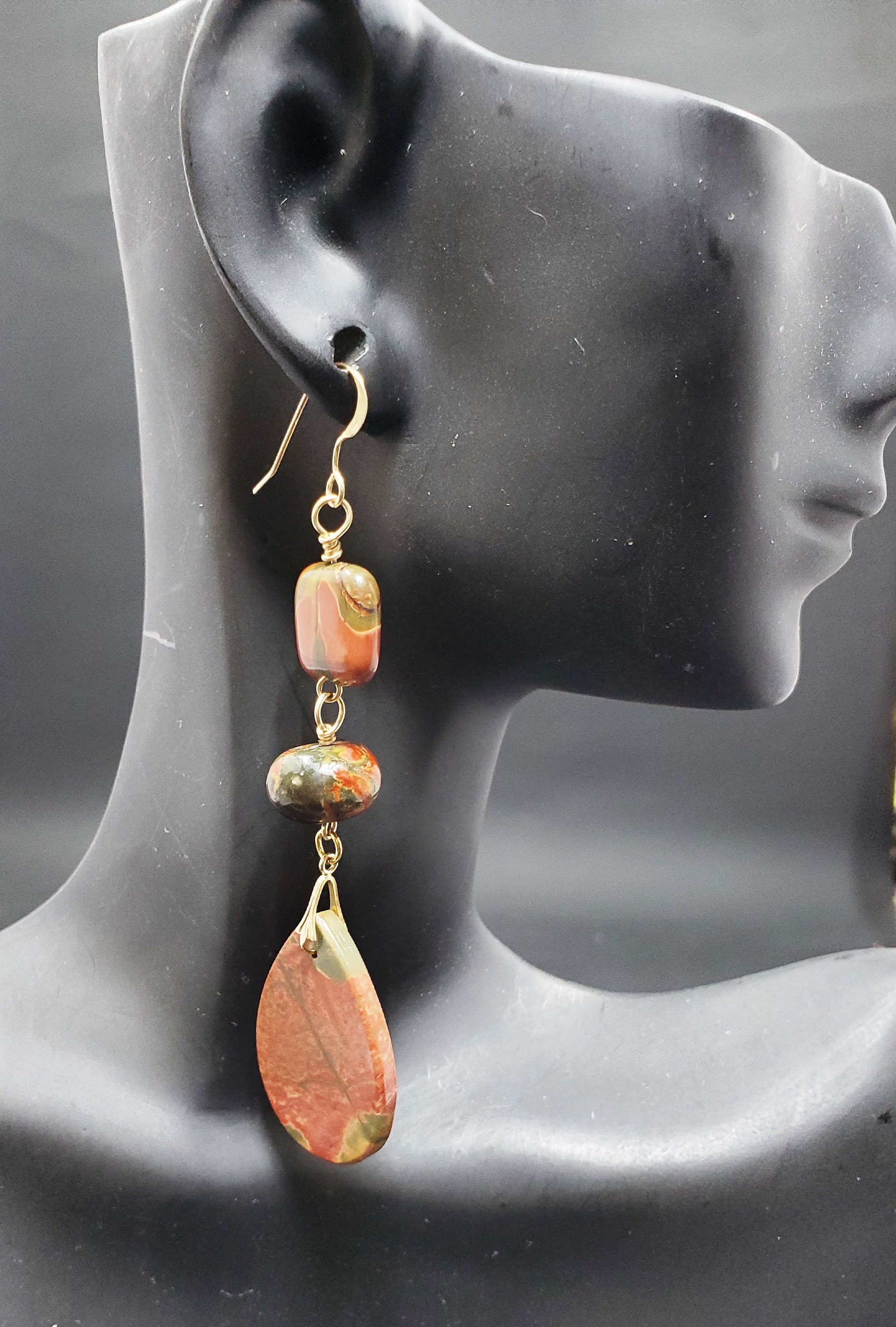 Natural Red Creek Jasper Dangling Earrings Beaded Handmade Red Jasper