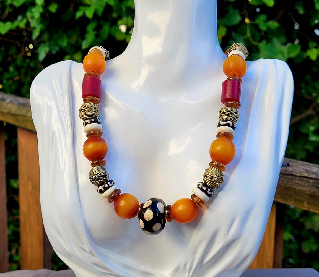 Ethnic Beaded Bone Necklace, Chunky Necklace With Ethnic Beads ...