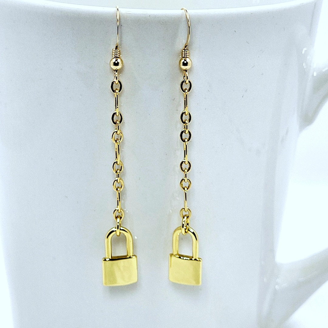 Tiny Padlock Dangle Earrings, Cute Padlock Earrings Holiday Gift, Gold ...