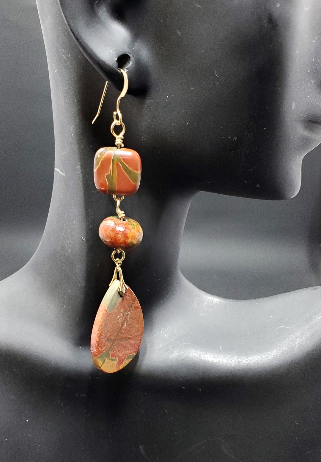 Natural Red Creek Jasper Dangling Earrings Beaded Handmade Red Jasper