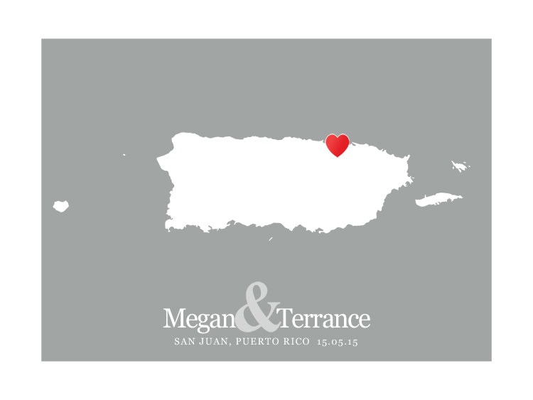 Puerto Rico Horizontal Heart Map Art Personalized Names, Wedding Gift ...