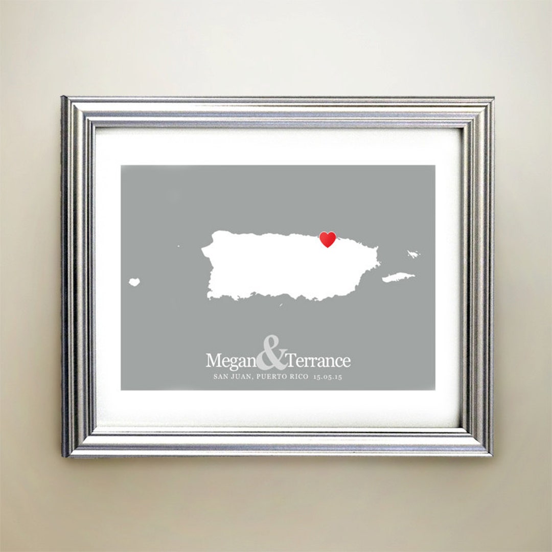 Puerto Rico Horizontal Heart Map Art - Personalized Names, Wedding Gift ...