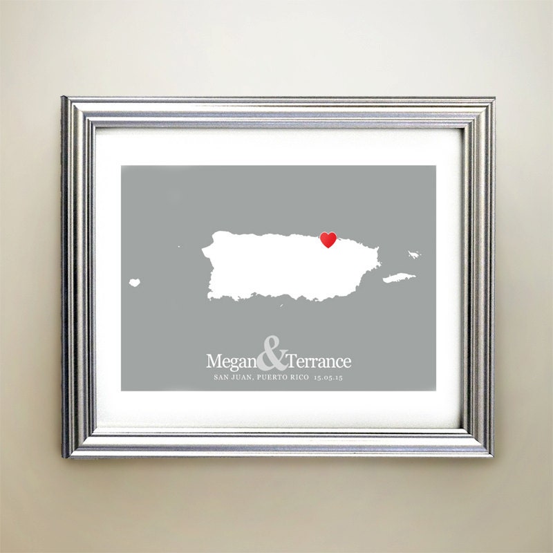 Puerto Rico Horizontal Heart Map Art Personalized Names, Wedding Gift ...