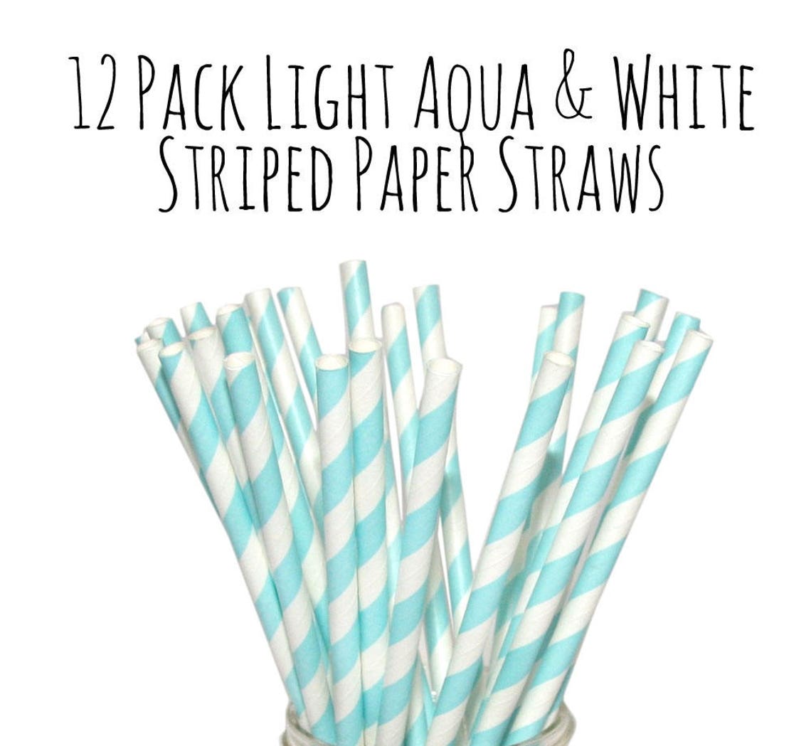 Light Aqua Blue and White Striped Paper Straws One Dozen Sky | Etsy