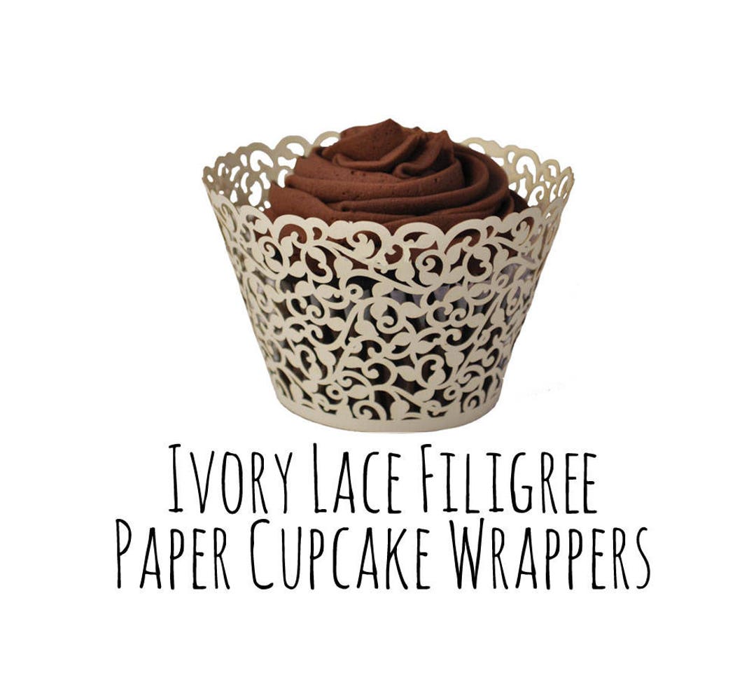 Ivory Lace Cutout Cupcake Wrappers, Leaf Vine Filigree Cupcake Wrappers ...