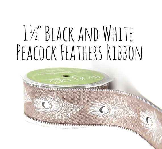1.5 Peacock Feathers Print Cotton Ribbon White Edging | Etsy