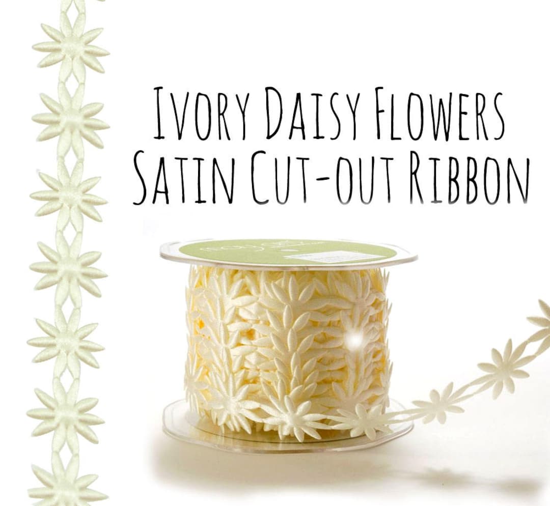 Ivory Daisy Flowers Cutout Satin Ribbon, Floral Satin Ribbon, Hairband ...