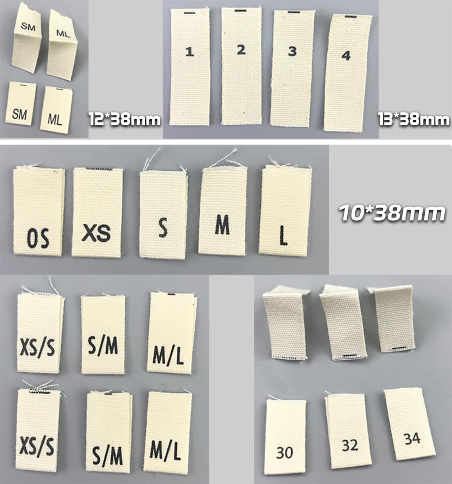 100 Satin Size Tabs, W/ Black Letters- Folded Size Labels -up to ...