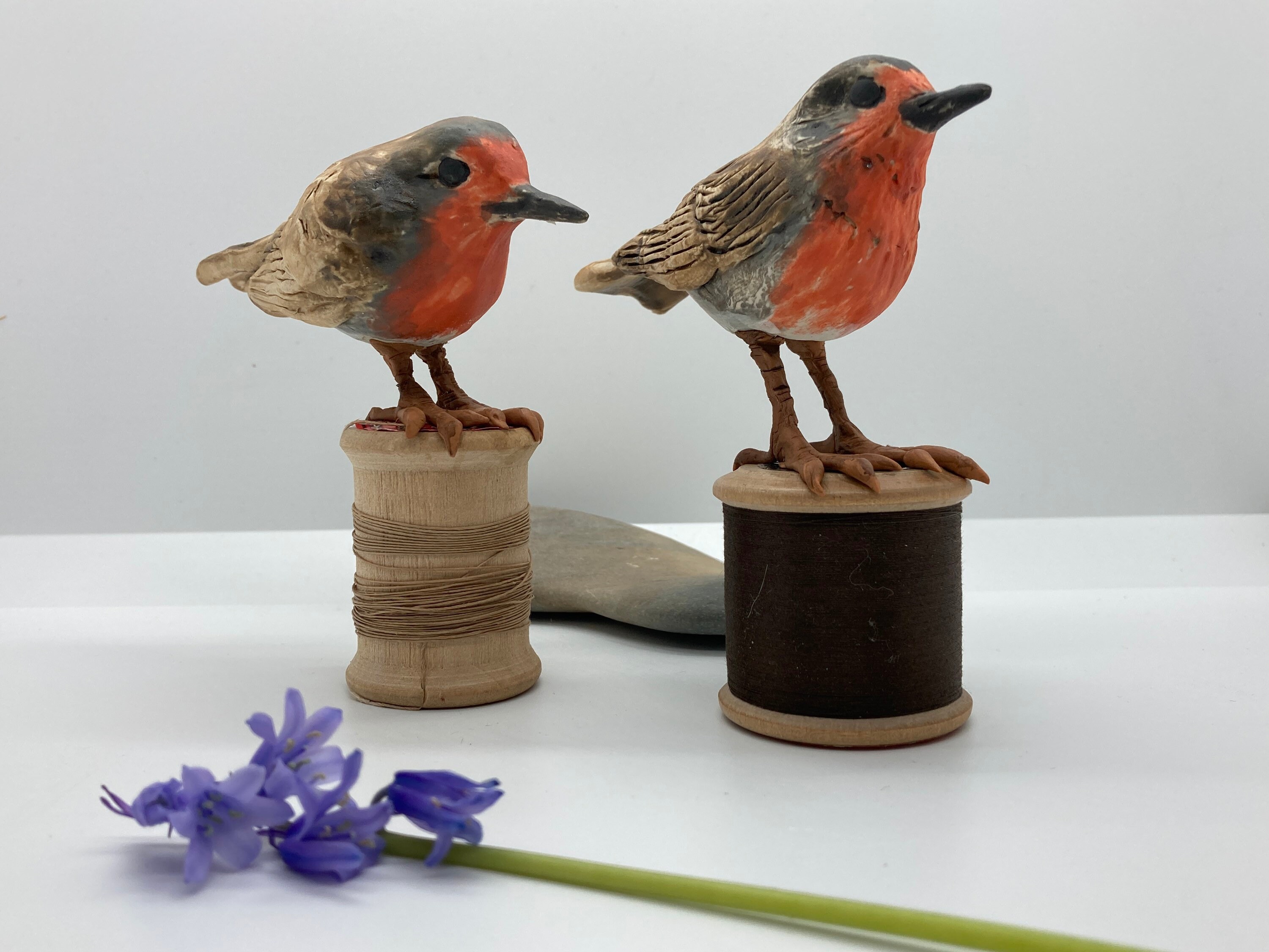 Sculptural handmade ceramic robins on vintage cotton reels | Etsy