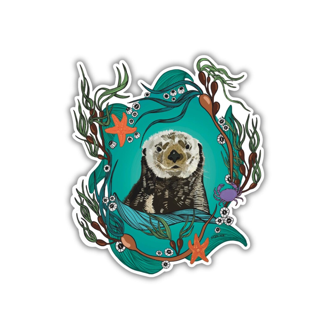Sea Otter Sticker – Ocean Kelp Forest Vinyl Decal With Starfish & Crab ...