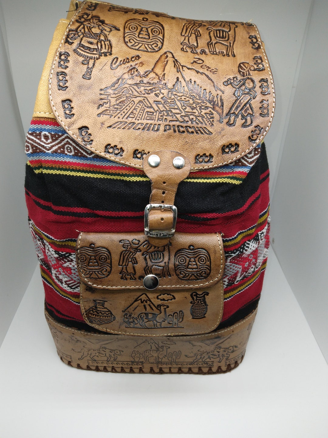Peruvian Hand-tooled Leather and Textile Backpack Purse - Etsy