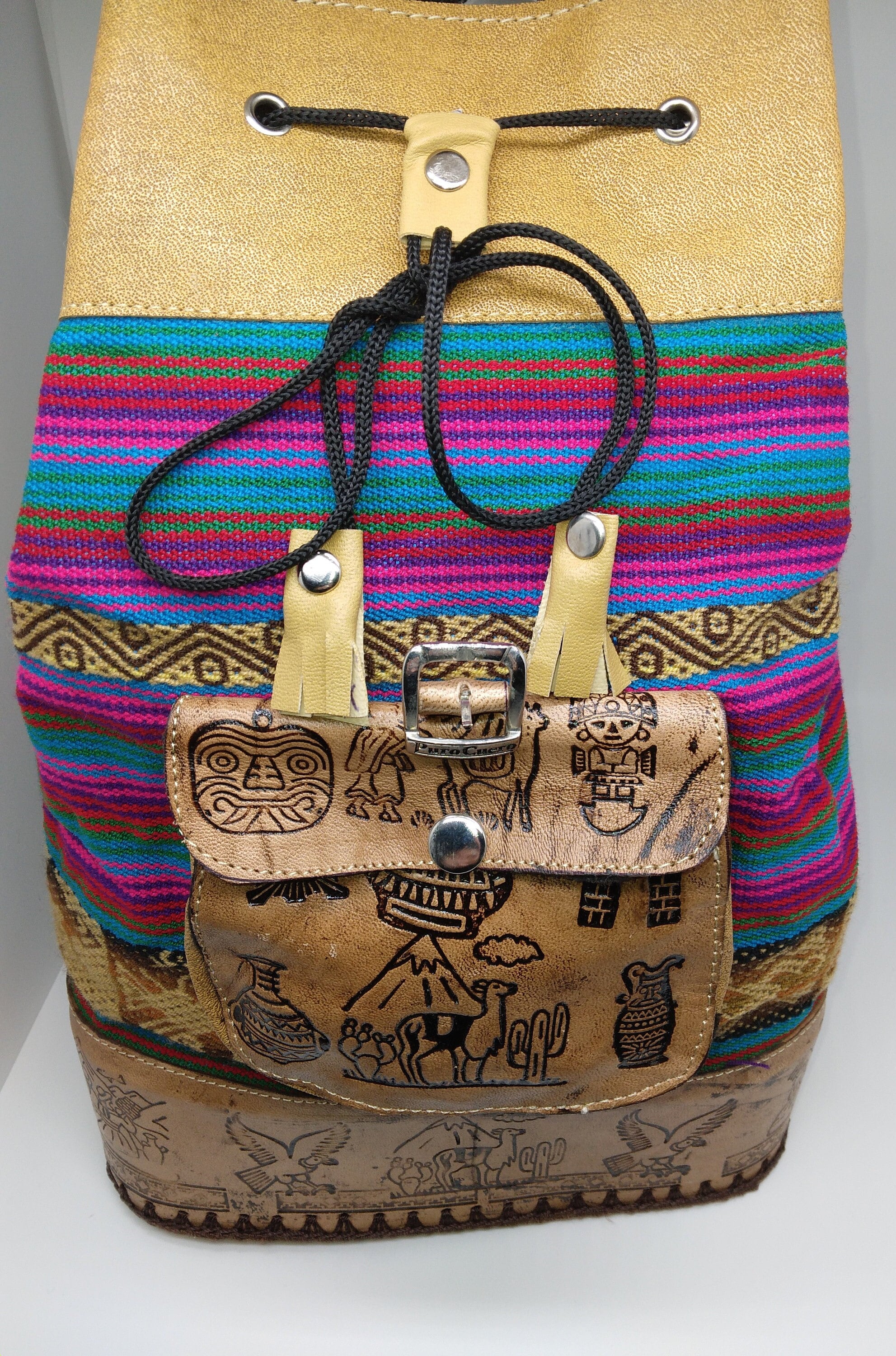 Peruvian Hand-tooled Leather and Textile Backpack Purse - Etsy