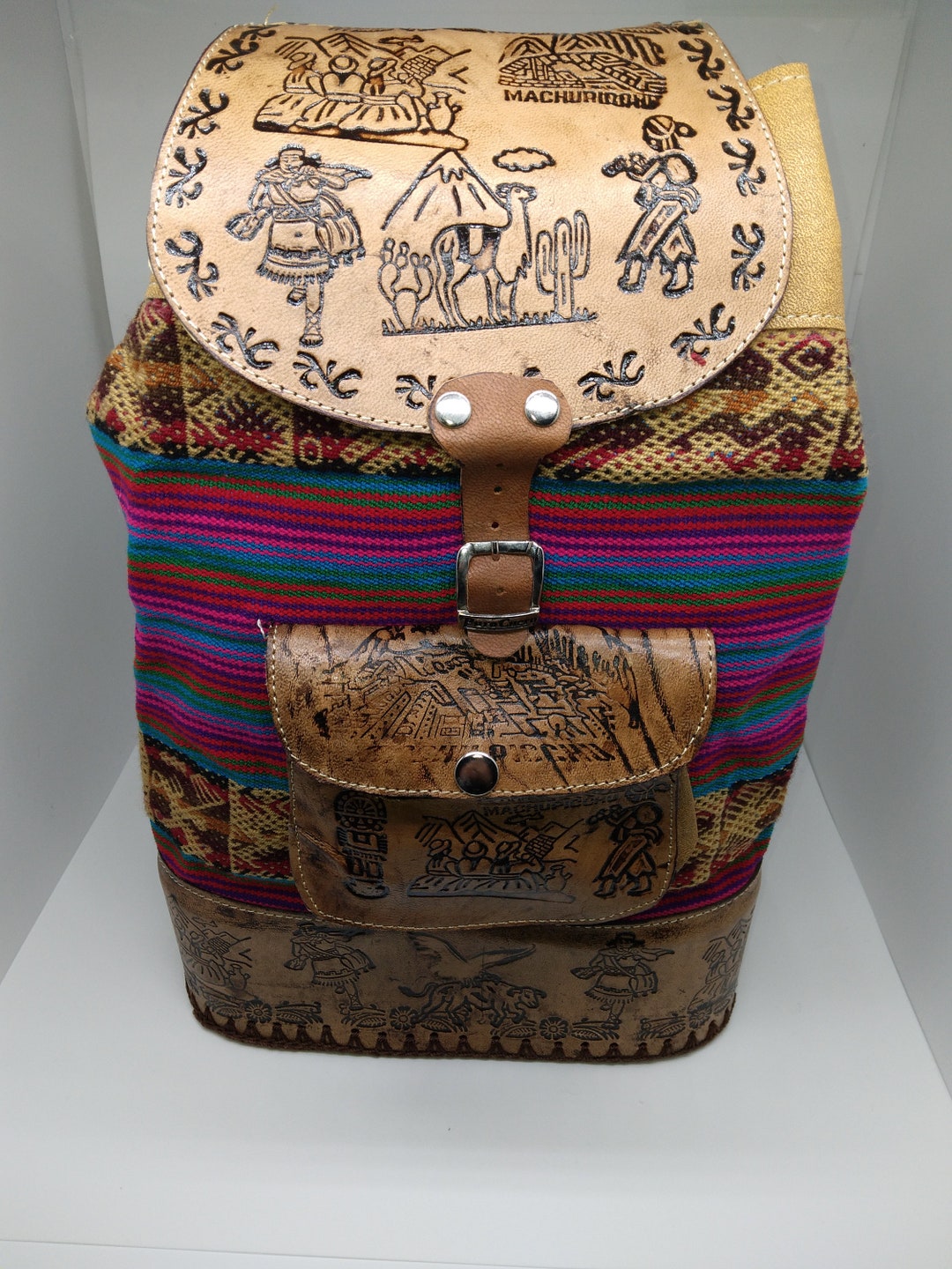 Peruvian Hand-tooled Leather and Textile Backpack Purse - Etsy