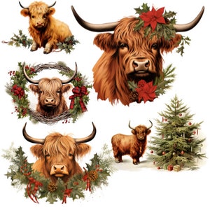 Christmas Highland Cow Clipart Bundle PNG, Sublimation Design, Digital ...