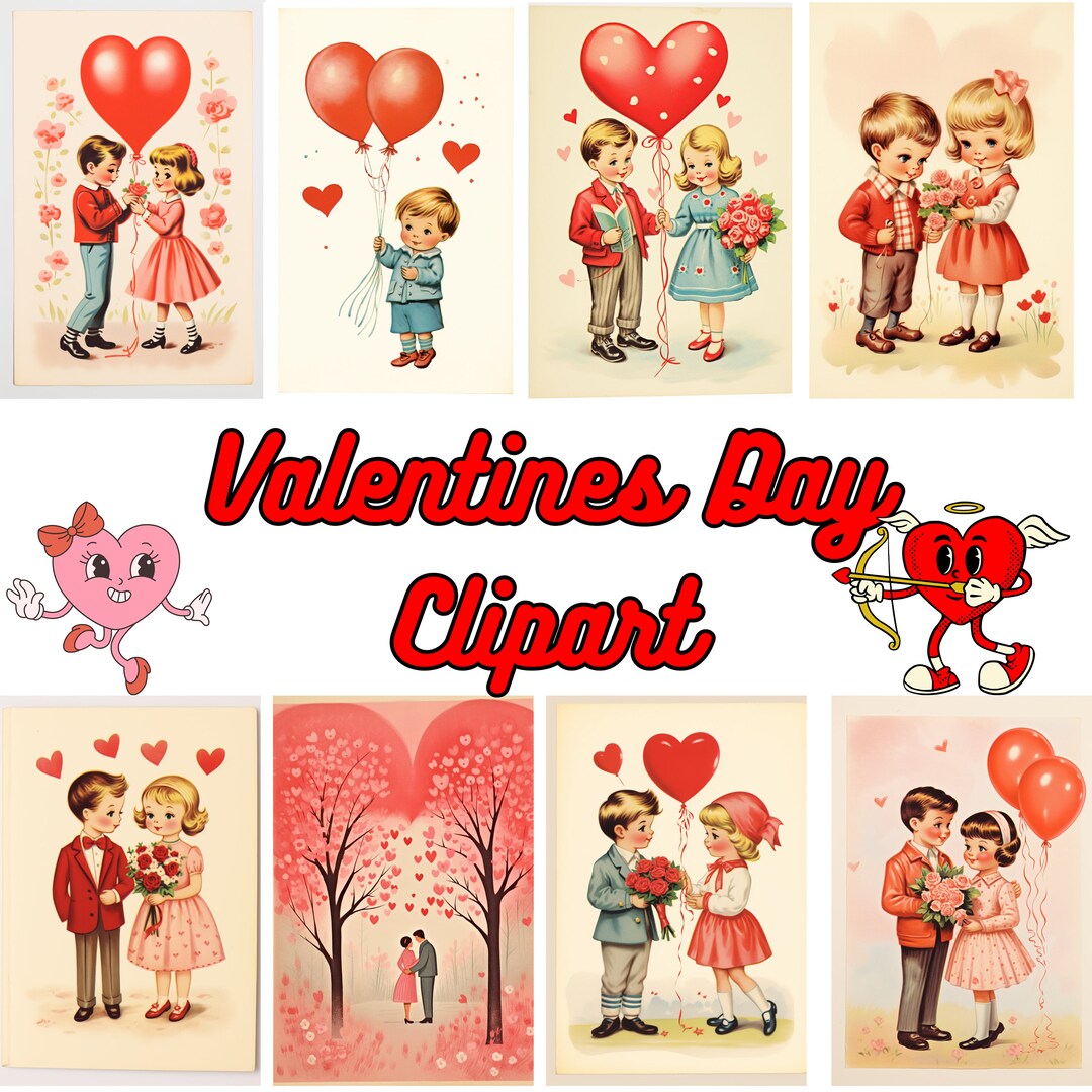 Vintage Valentines Day Clipart PNG Bundle, '50s Valentines Card PNG ...