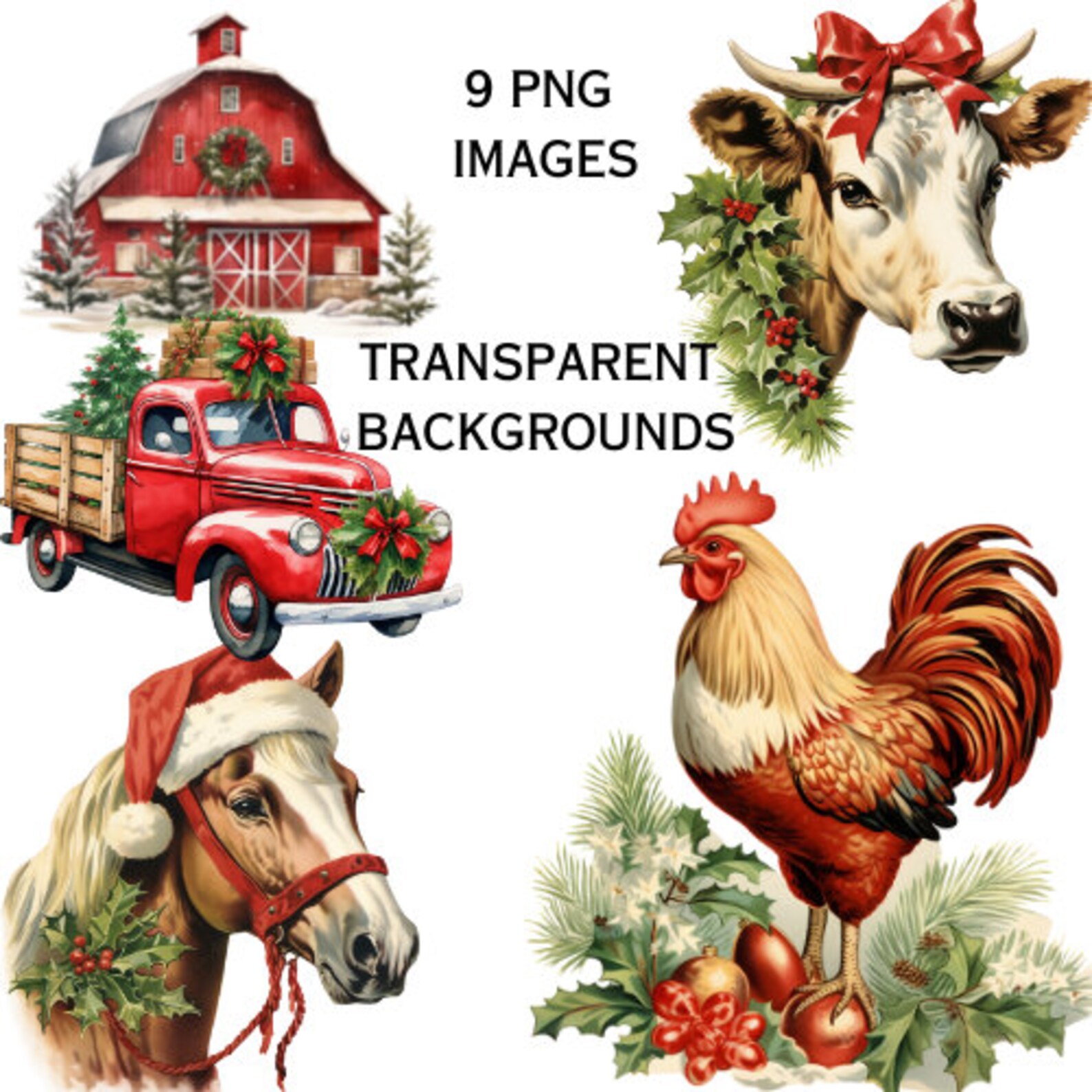 Vintage Christmas Farm Clipart Bundle, Holiday PNG (digital Download ...