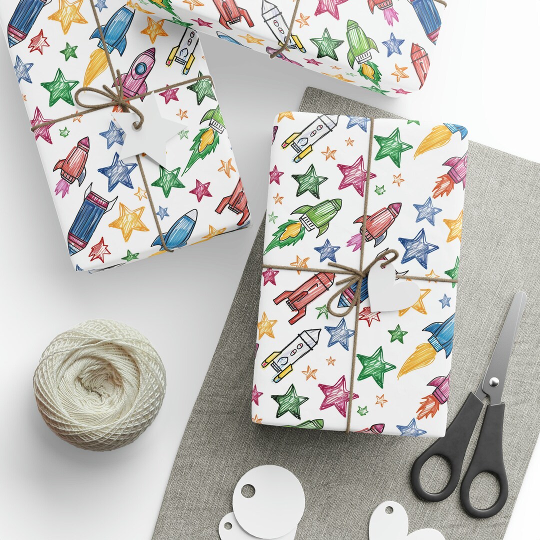 Rocketship Wrapping Paper for Boys, Childrens Spaceship Wrapping Paper ...