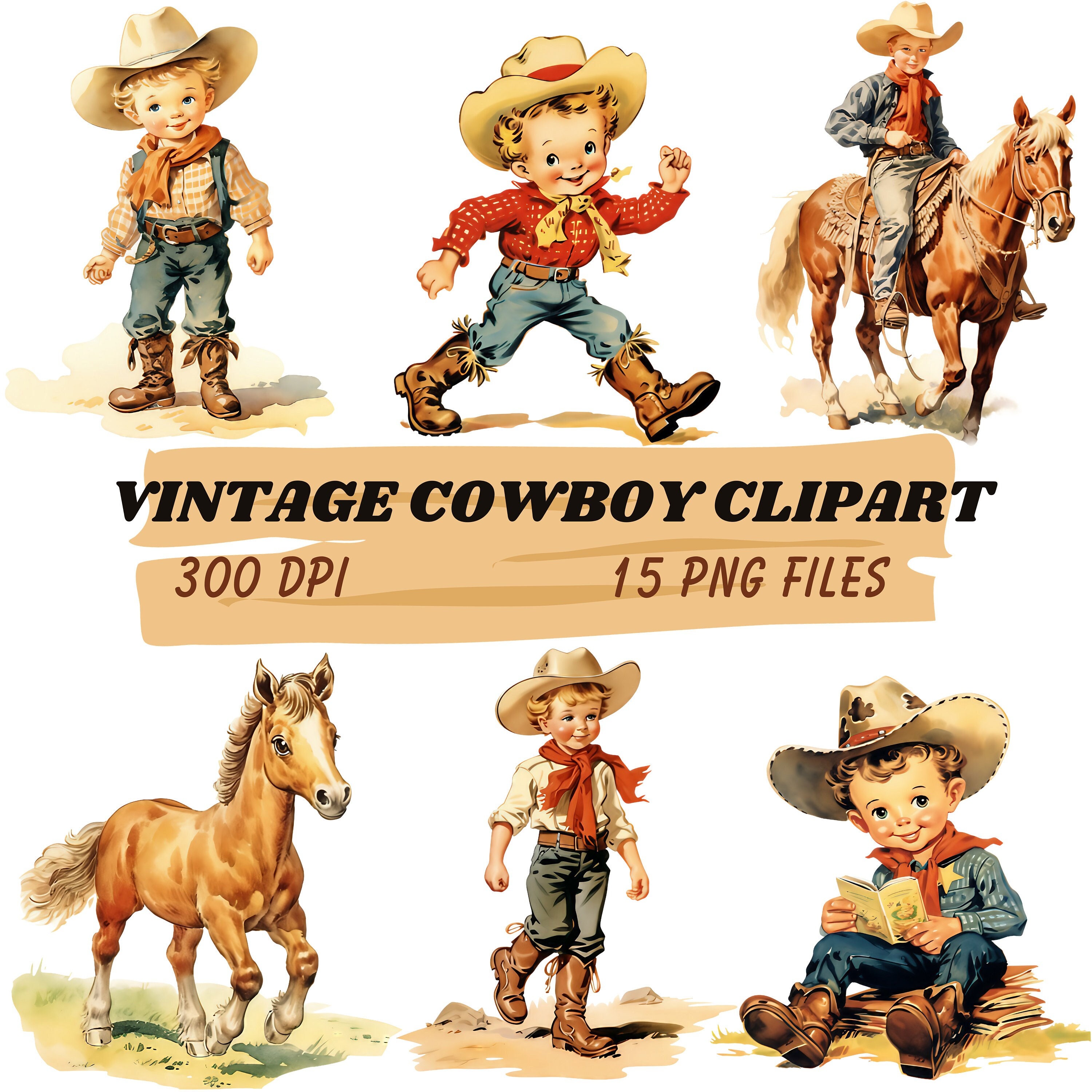 Vintage Cowboy Clipart Bundle PNG, SVG, Retro Cowboy Digital Download ...